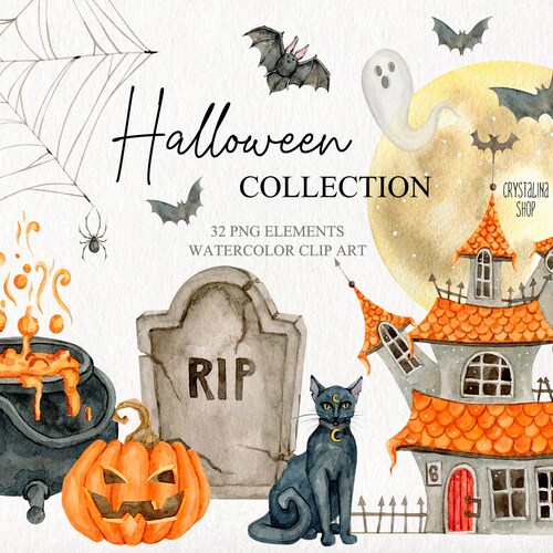 Watercolor Spooky Halloween Clipart Happy Halloween Party - Etsy