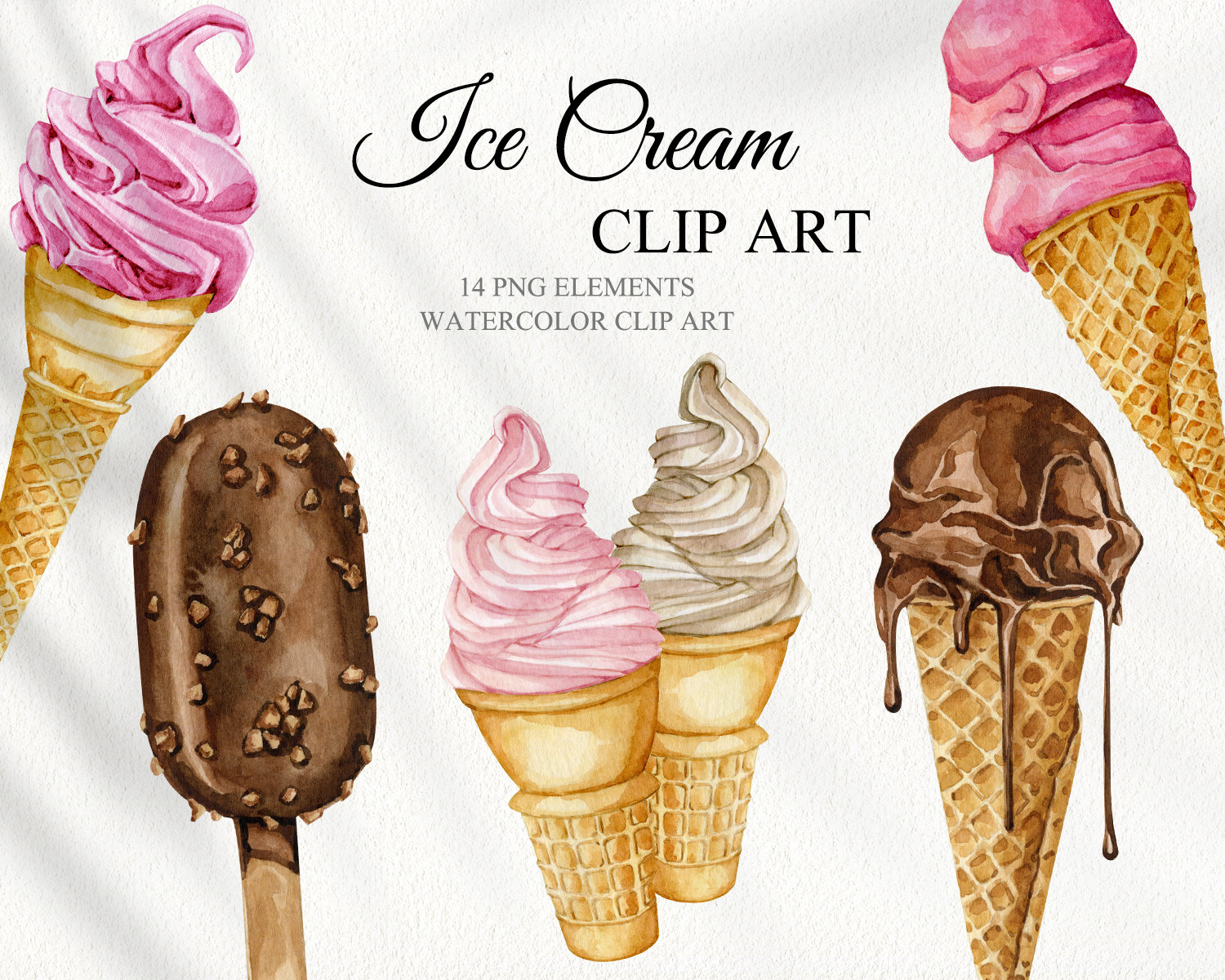 Watercolor Ice Cream Wafer Cone Clipart. Ice Cream Vanilla and | Etsy