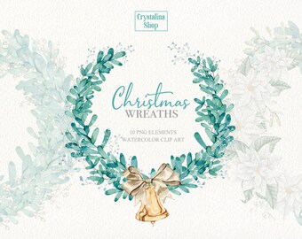 Watercolor Christmas Wreaths Clipart Gold Silver Holly | Etsy