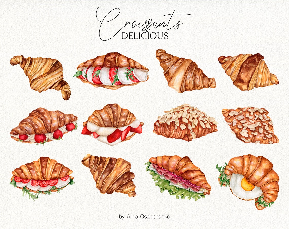 Watercolor Breakfast Croissants Clipart. Sweet Croissant With ...