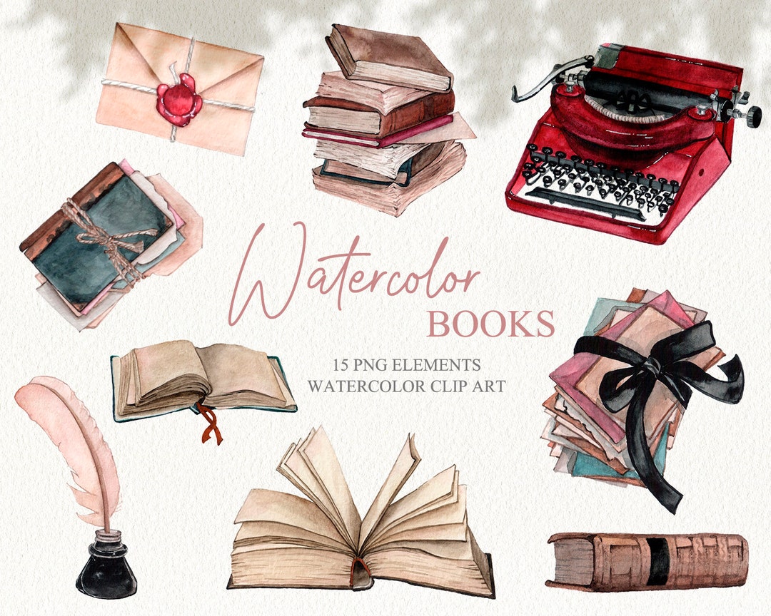 Watercolor Vintage Books Library Clipart. PNG on Transparent Background ...