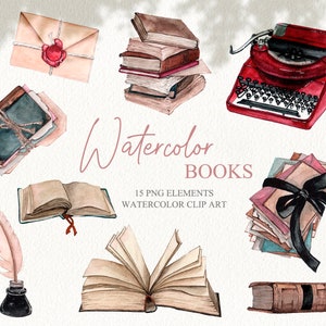 Watercolor Vintage Books Library Clipart. PNG on Transparent Background ...