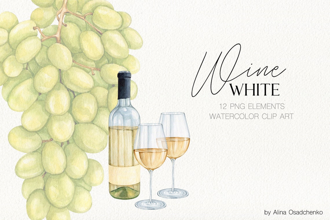 Watercolor White Wine Clipart Romantic Glass of White Wine and - Etsy