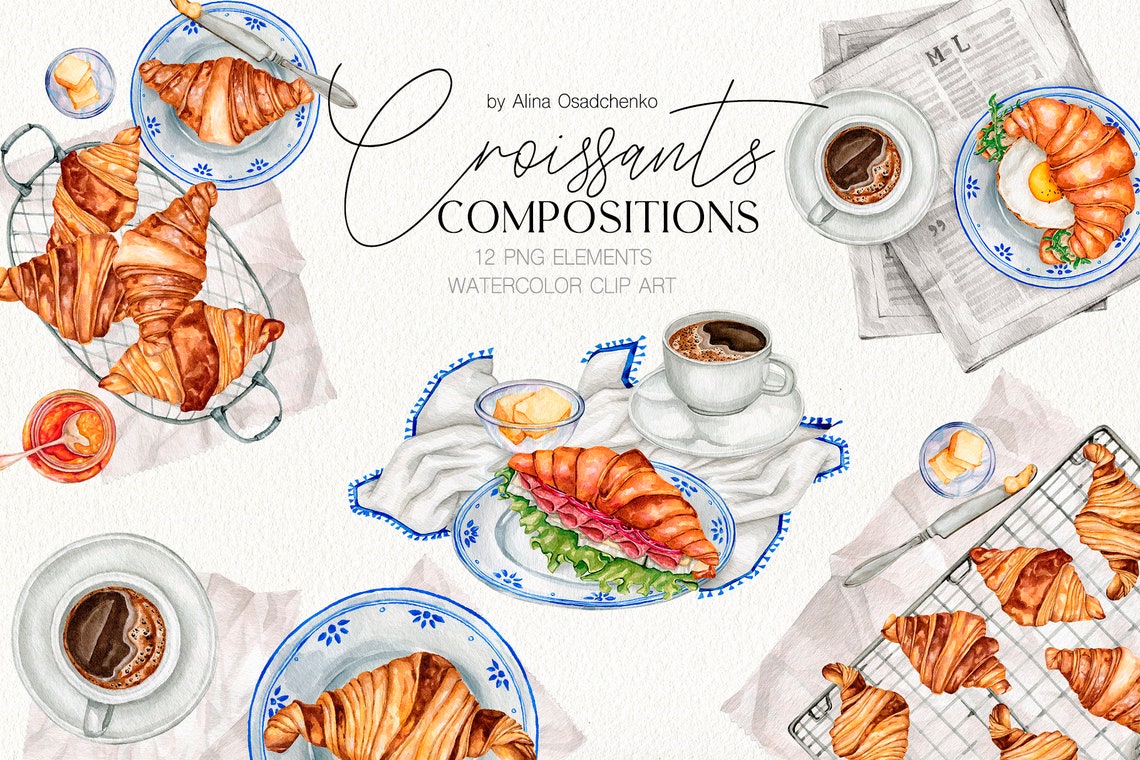 Watercolor Breakfast Croissants Clipart Collection. Sweet - Etsy