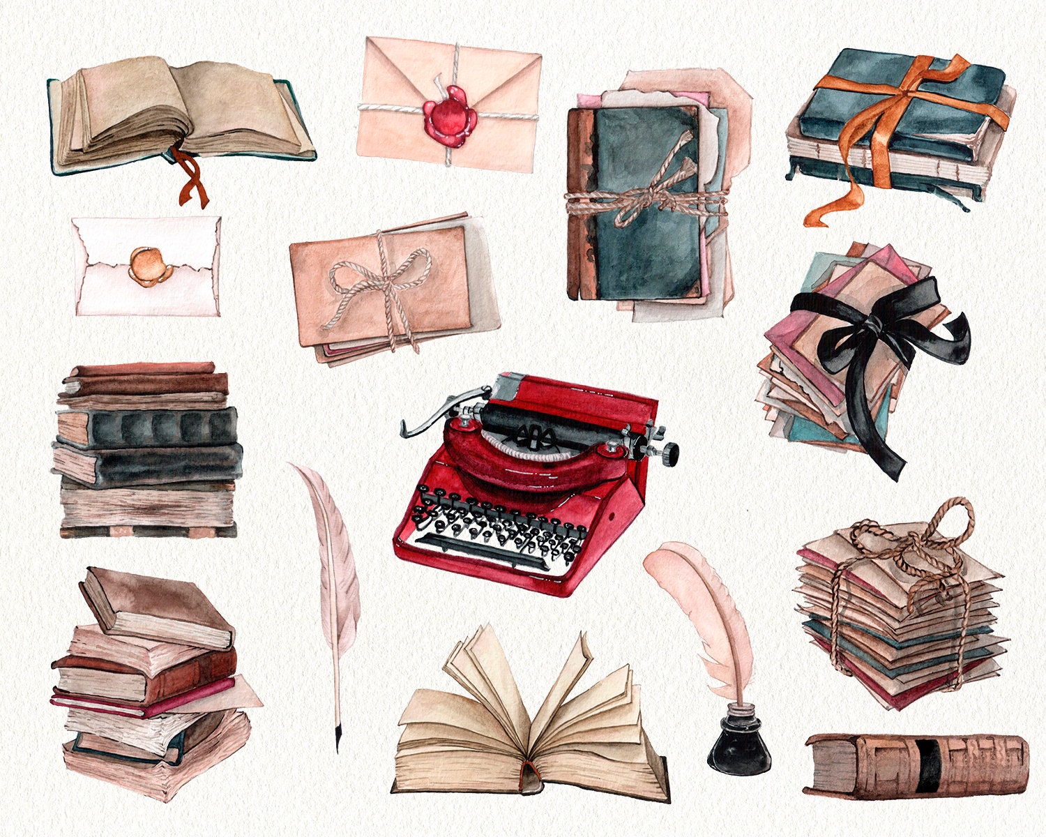 Watercolor Vintage Books Library Clipart. PNG on Transparent Background ...