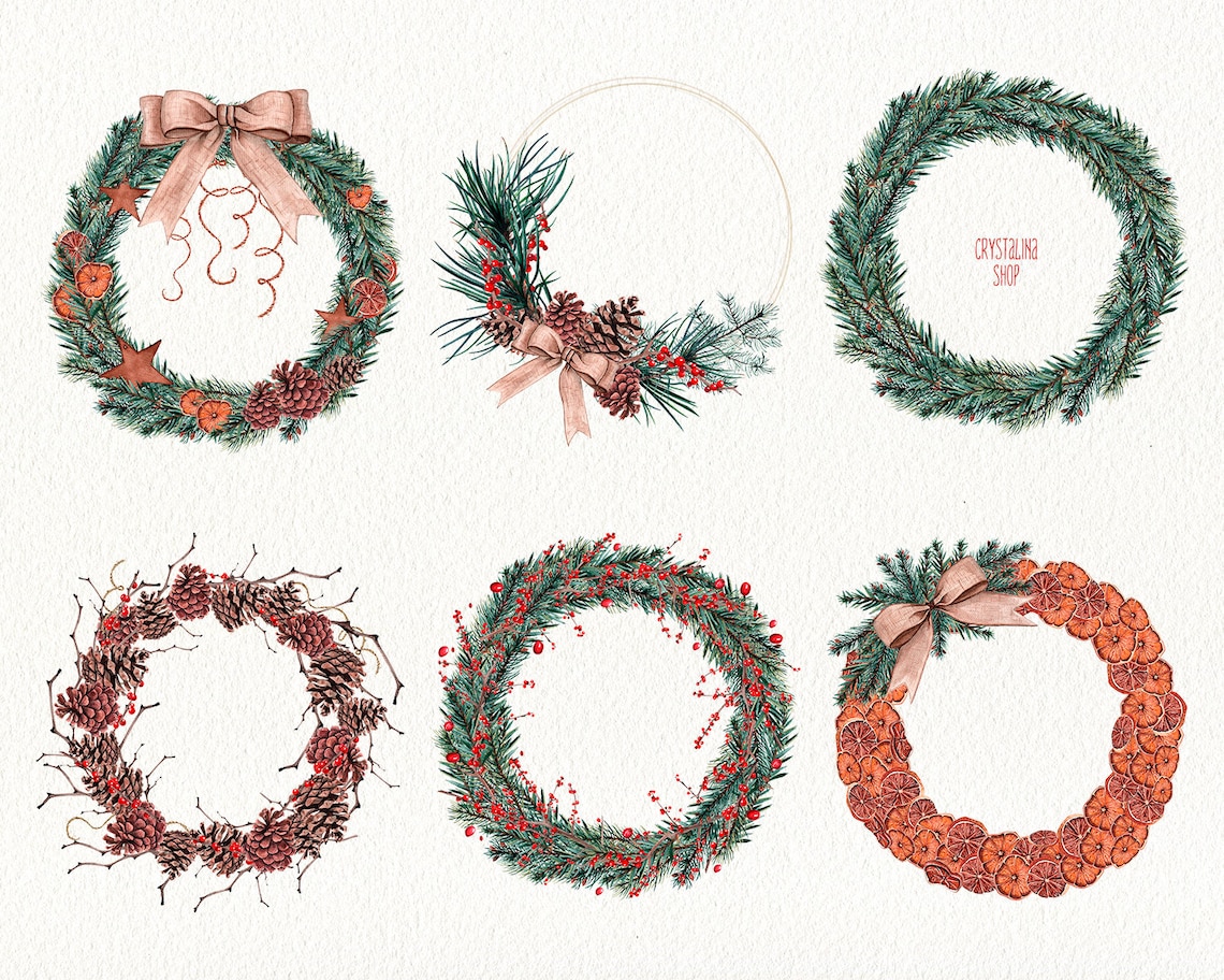 Watercolor Christmas Wreaths Clipart Illustrations Christmas - Etsy