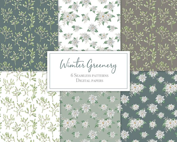 Watercolor Winter Greenery Digital Paper for Scrapbooking | Etsy