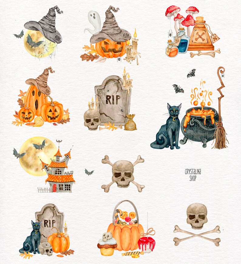 Watercolor Spooky Halloween Clipart Happy Halloween Party Decoration ...