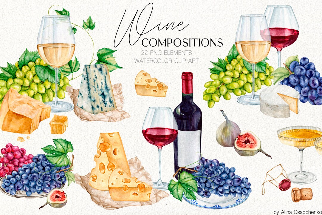 Watercolor Wine & Cheese Compositions Clipart Red White Wine Grapes ...