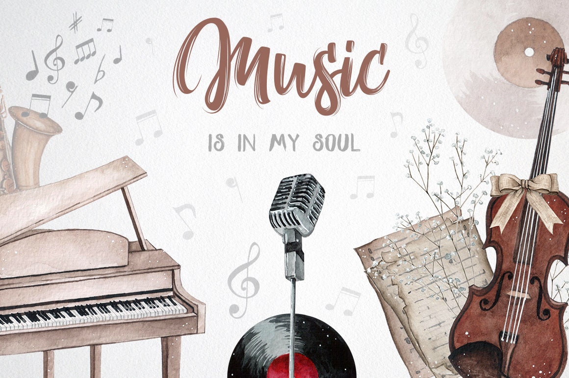 Watercolor Musical Instruments Clipart. Vintage Music Clip - Etsy