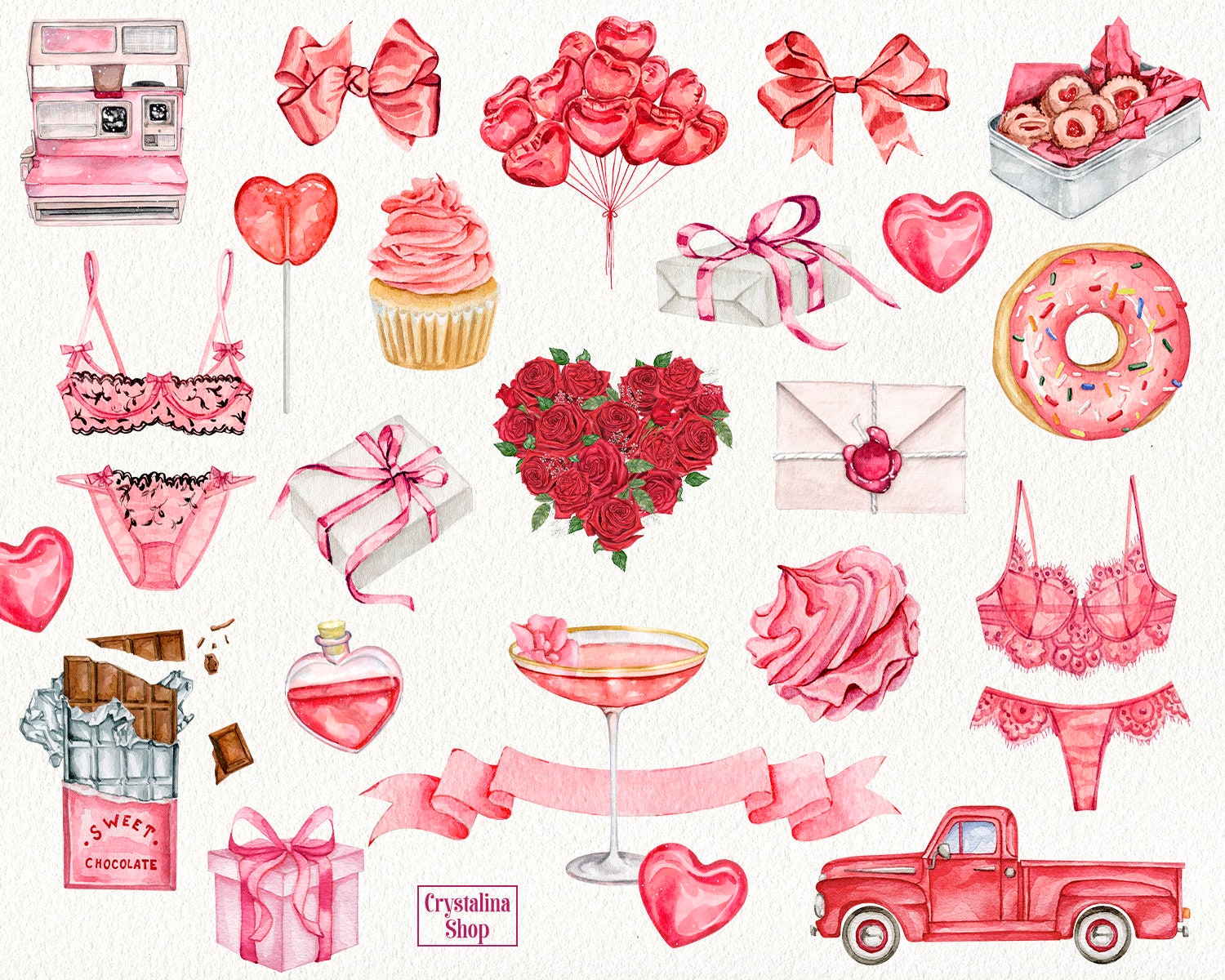 Watercolor Valentines Day Love Clipart. Hand Painted Red and - Etsy