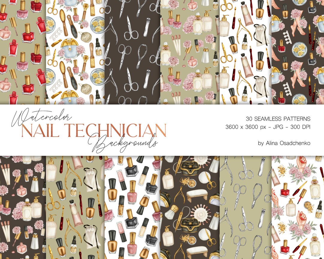 Watercolor Nail Technician Digital Paper Pack for Scrapbooking ...