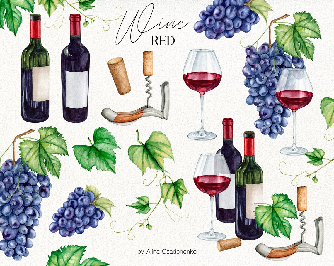 Watercolor Red Wine Clipart Romantic Glass of Red Wine and Red - Etsy