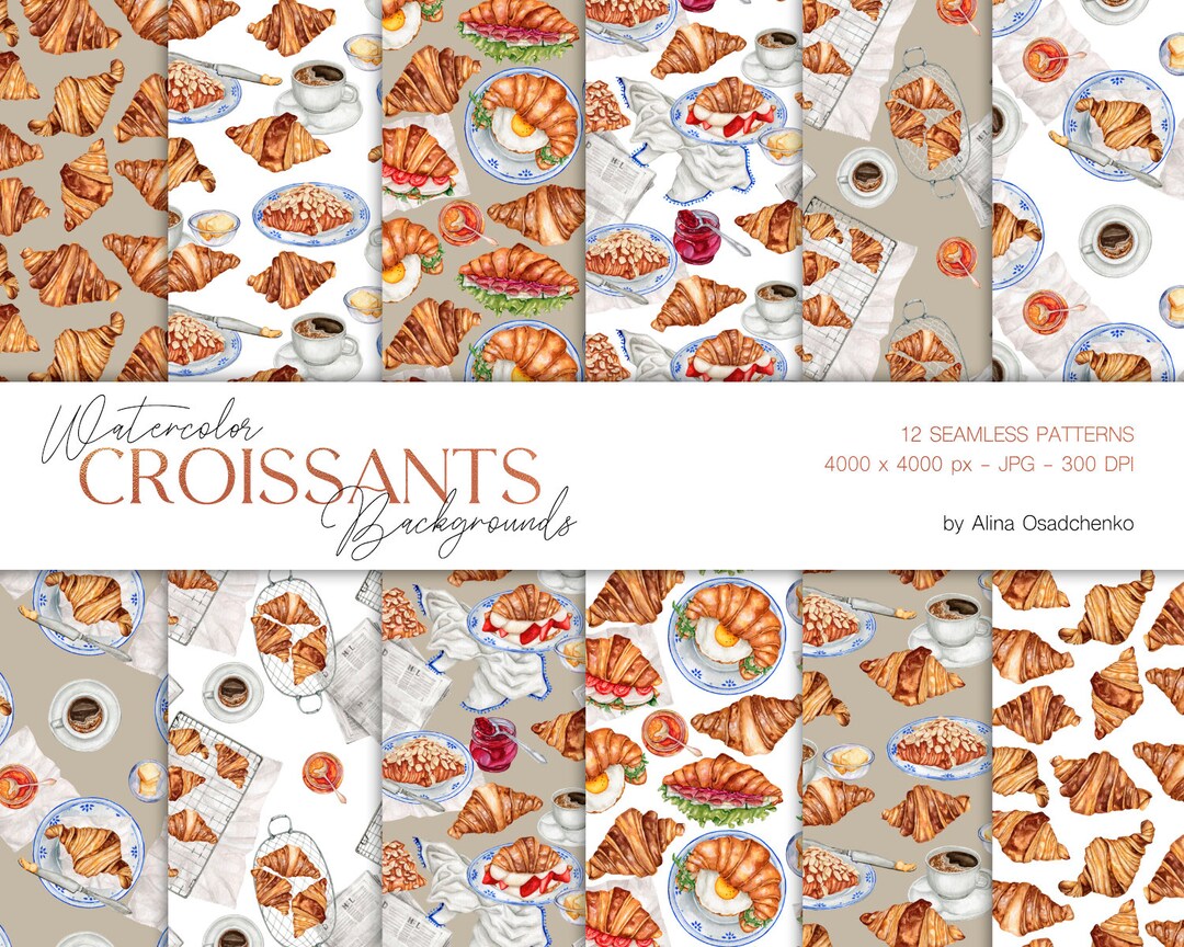 Watercolor Croissant Digital Paper Pack for Scrapbooking. Food ...