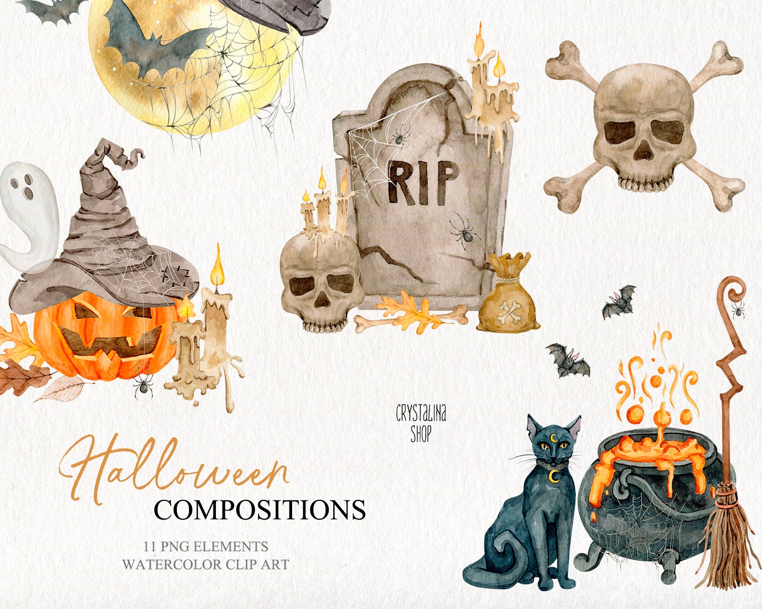Watercolor Spooky Halloween Clipart Happy Halloween Party - Etsy