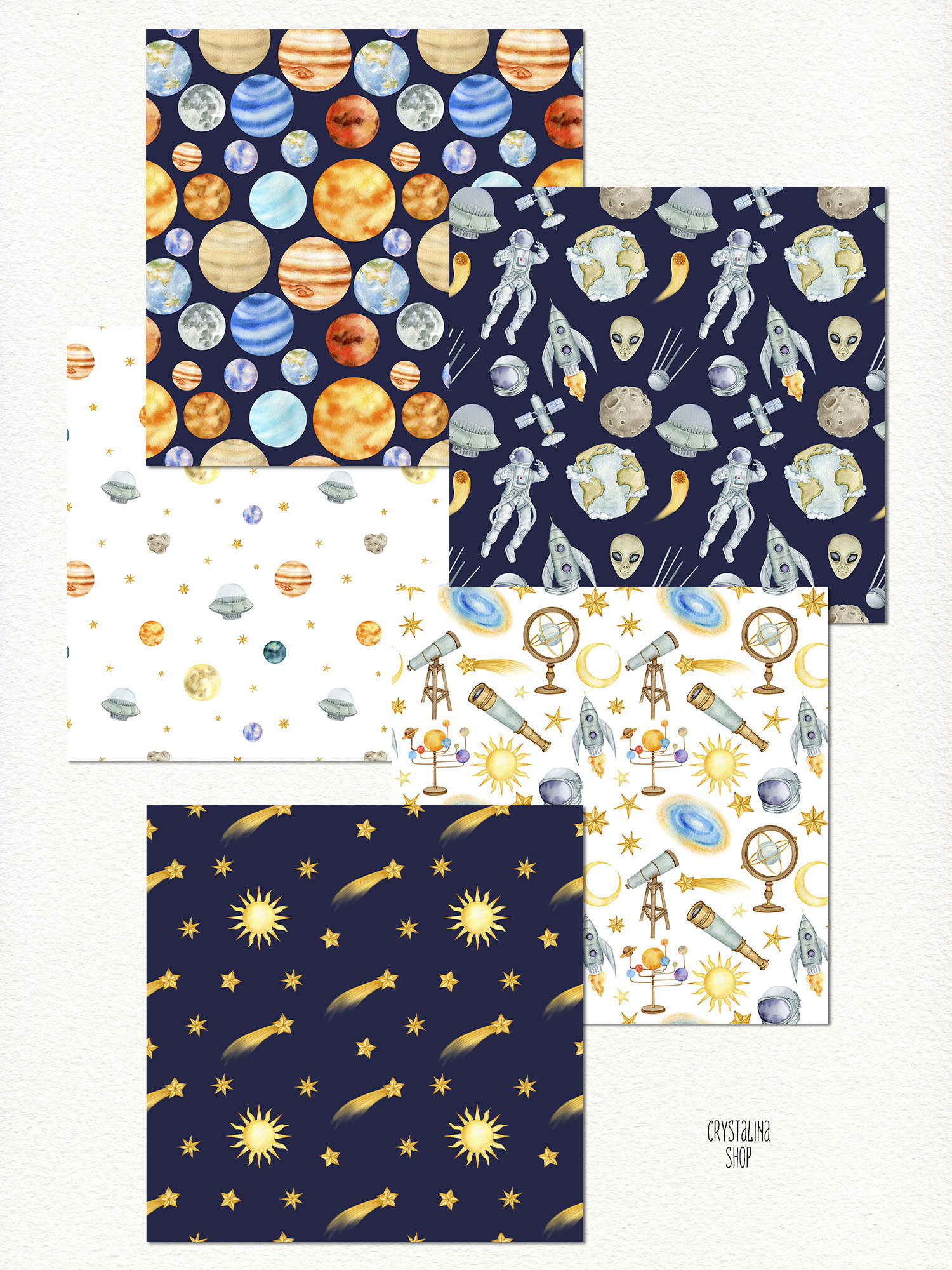 Watercolor Astronomy Space Digital Paper Pack Astronaut in Outer Space ...