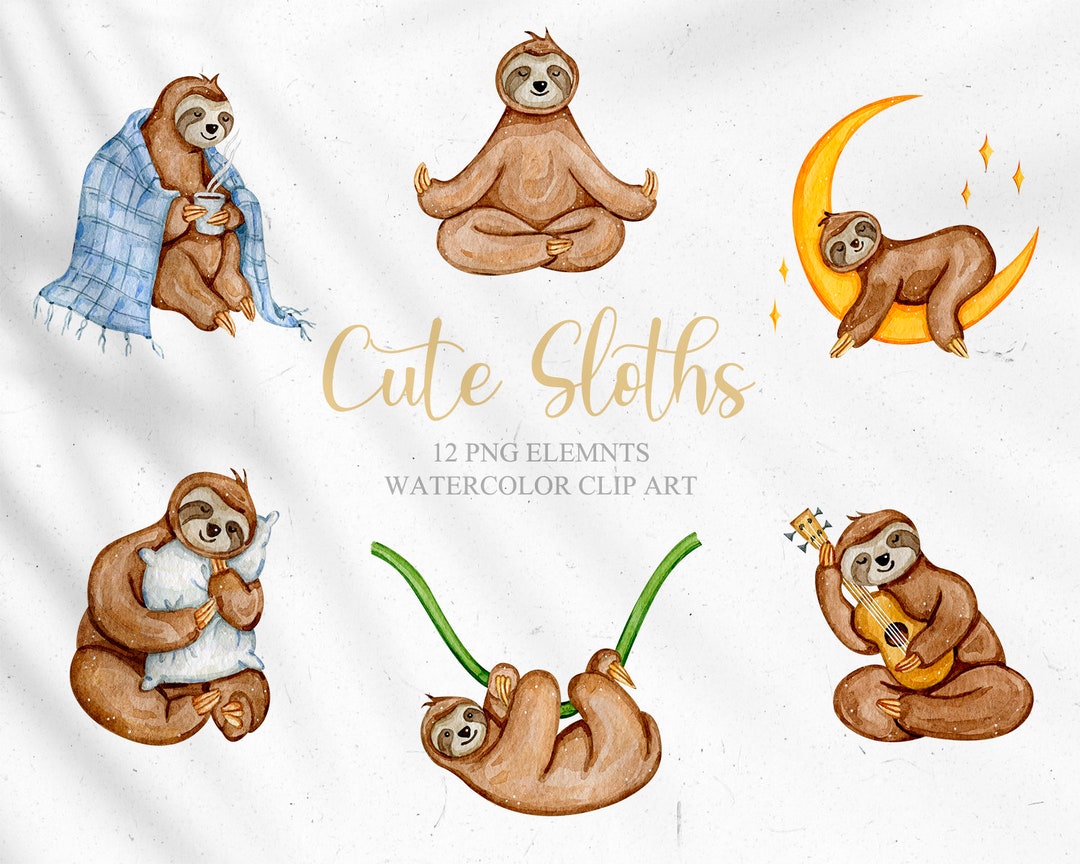 Watercolor Tropical Cute Sloths. Animal Clipart. Sleepy Sloths. Baby ...