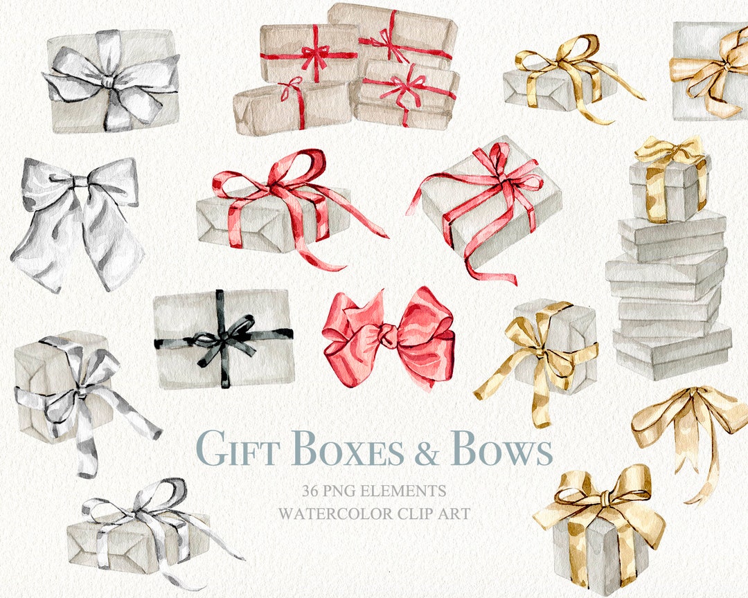 Watercolor Gift Boxes and Bows Clipart Red Gold Silver Gift and Bow ...