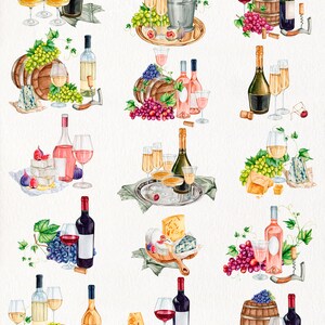 Watercolor Wine & Cheese Compositions Clipart Red White Wine Grapes ...