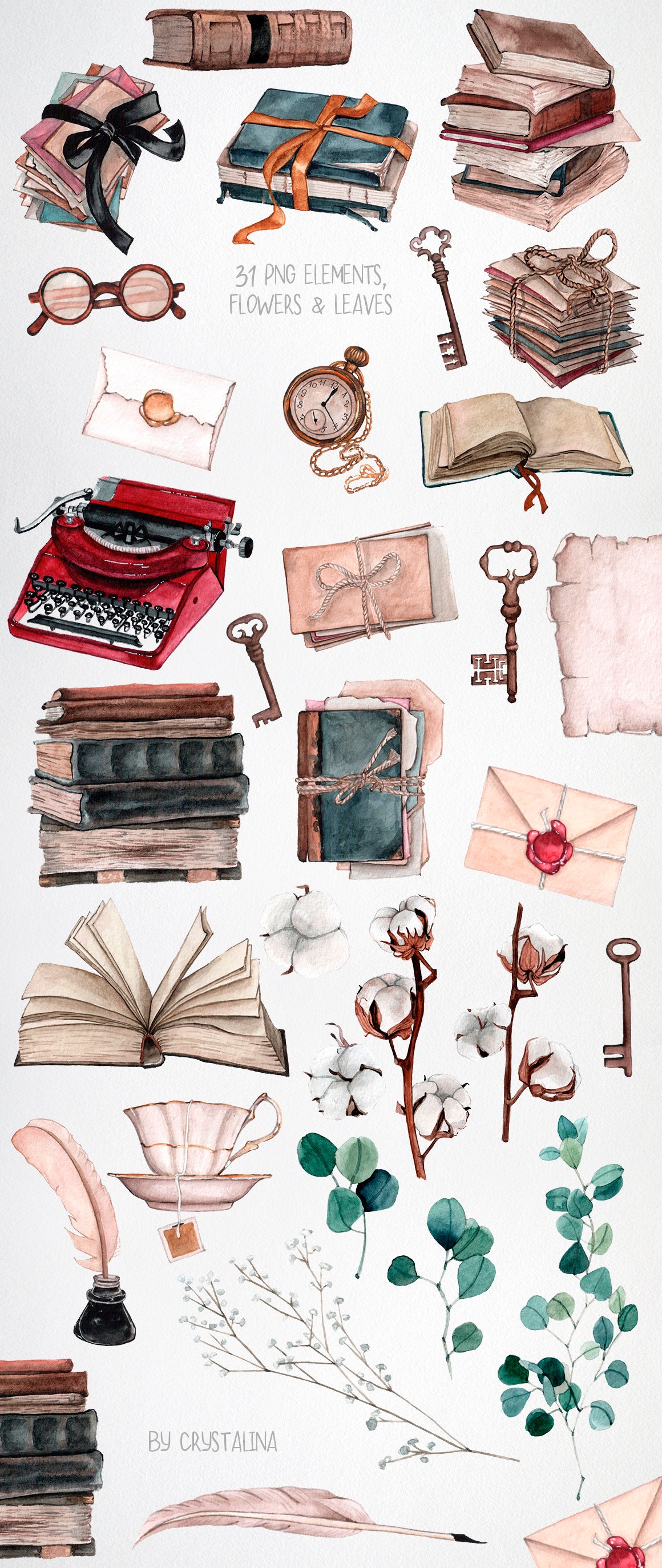 Watercolor Vintage Books Library Clipart. Vintage Art Library - Etsy