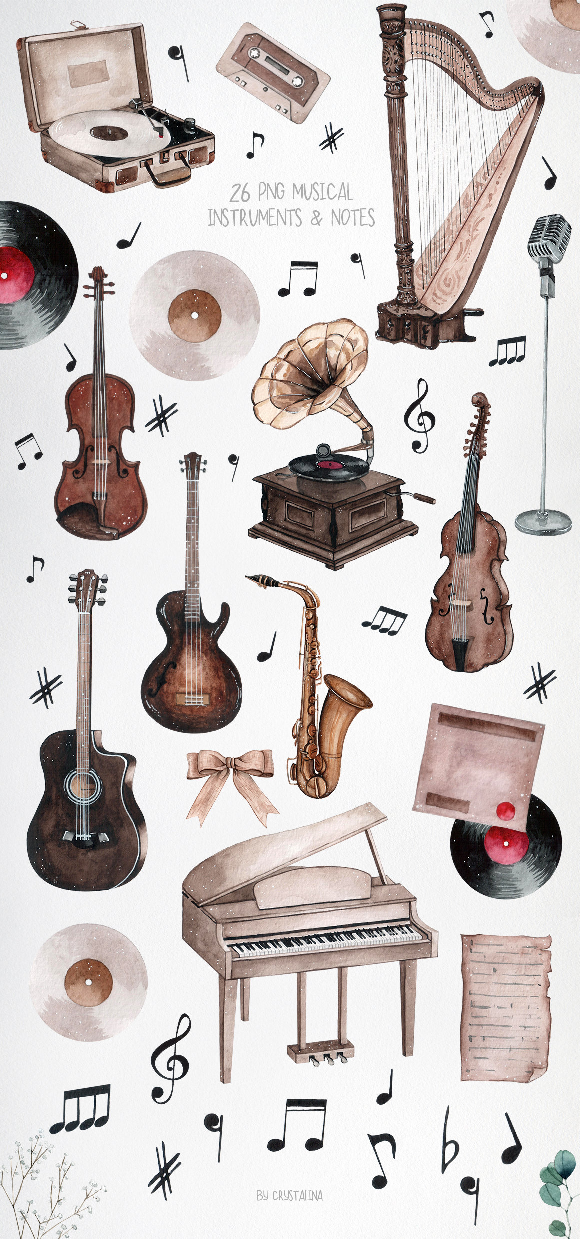 Watercolor Musical Instruments Clipart. Vintage Music Clip - Etsy