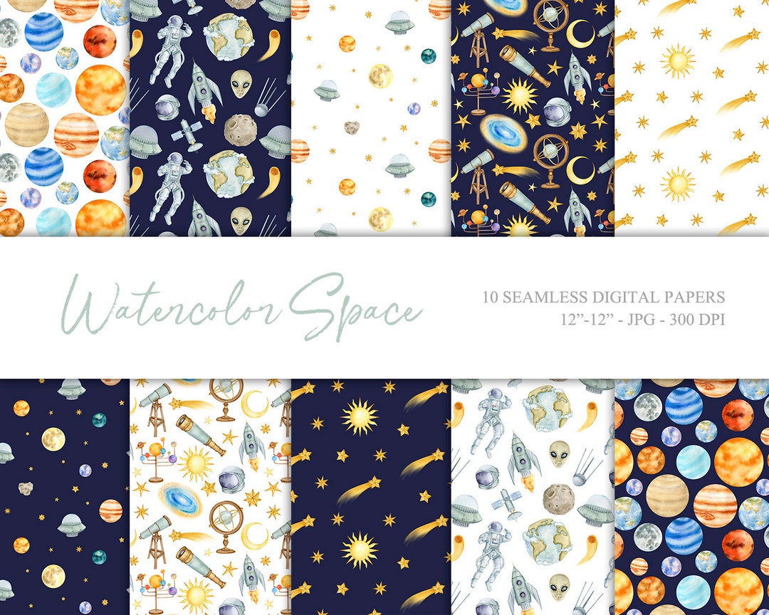 Watercolor Astronomy Space Digital Paper Pack Astronaut in Outer Space ...