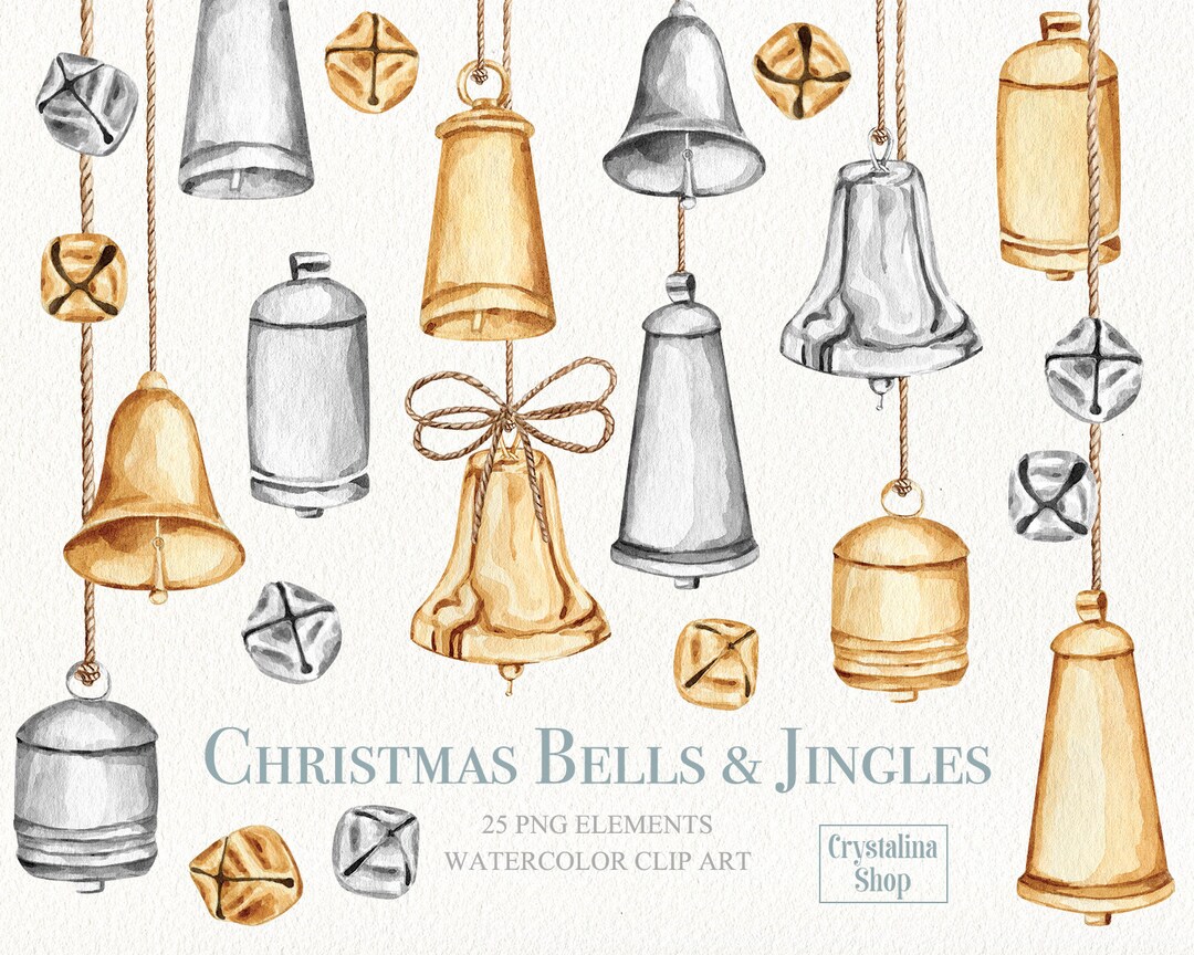 Watercolor Christmas Bells & Jingles Clipart Gold Silver Christmas ...