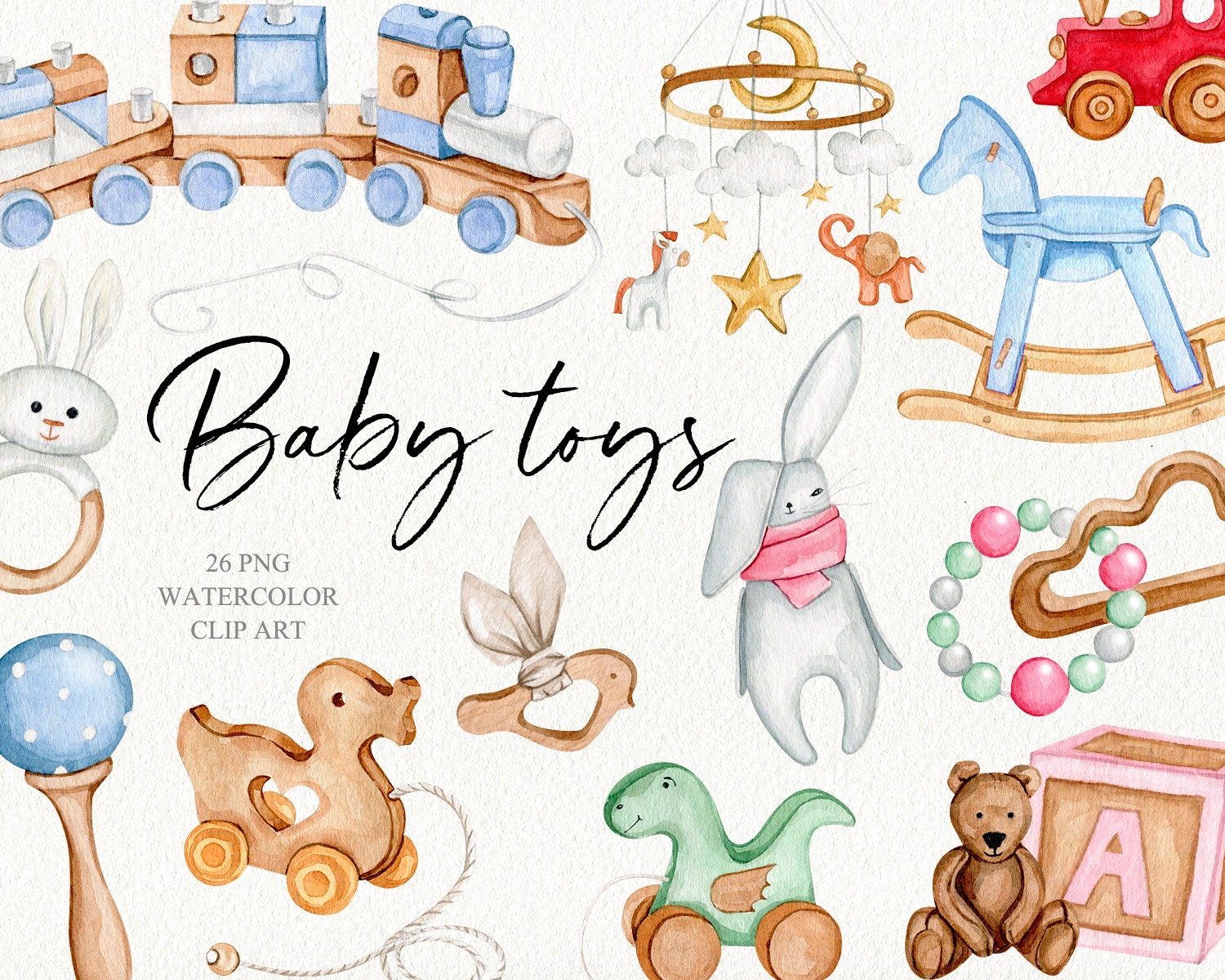 Watercolor Wooden Baby Toys Clipart. Baby Shower Clipart. - Etsy UK