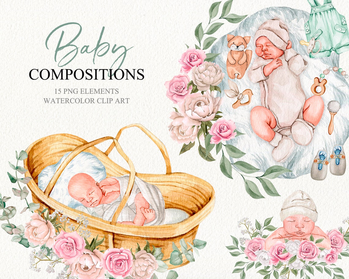 Watercolor Newborn Baby Compositions Clipart. Baby Shower - Etsy