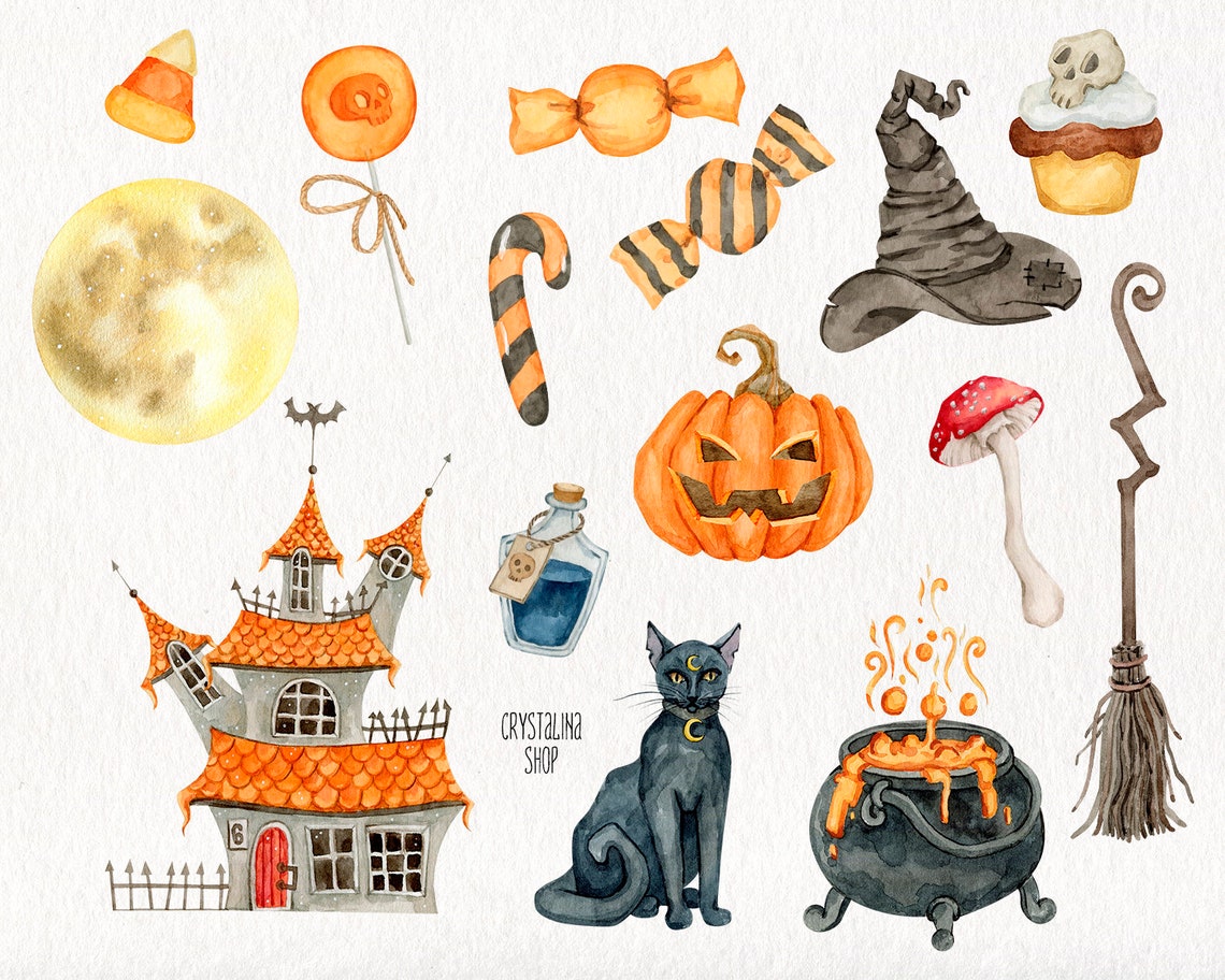 Watercolor Spooky Halloween Clipart Happy Halloween Party Decoration ...