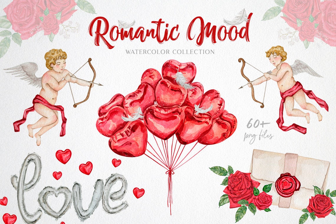 Watercolor Valentines Day Clipart. Hand painted watercolor | Etsy