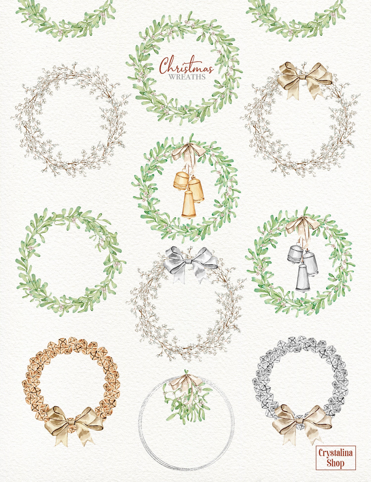 Watercolor Christmas Wreaths Clipart Gold Silver Holly - Etsy