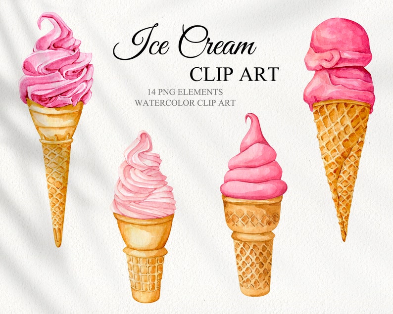 Watercolor Ice Cream Wafer Cone Clipart. Ice Cream Vanilla and | Etsy