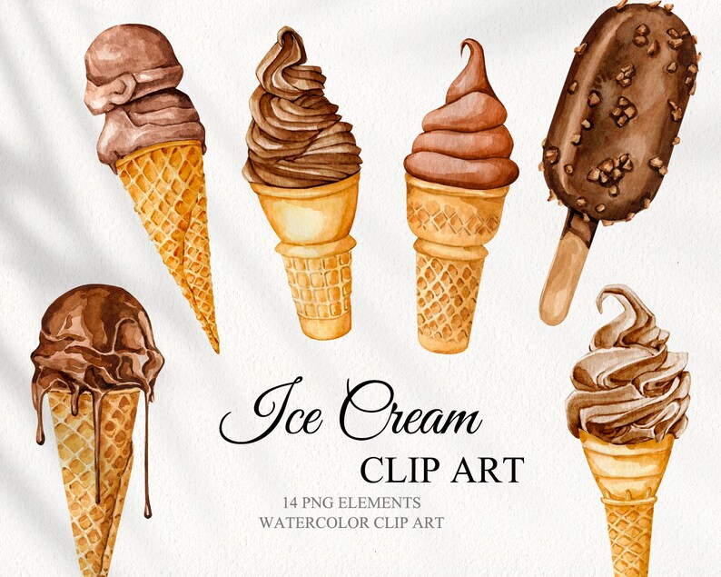 Watercolor Ice Cream Wafer Cone Clipart. Ice Cream Vanilla and | Etsy
