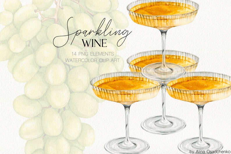 Watercolor Sparkling Wine Clipart Romantic Glass of Champagne - Etsy