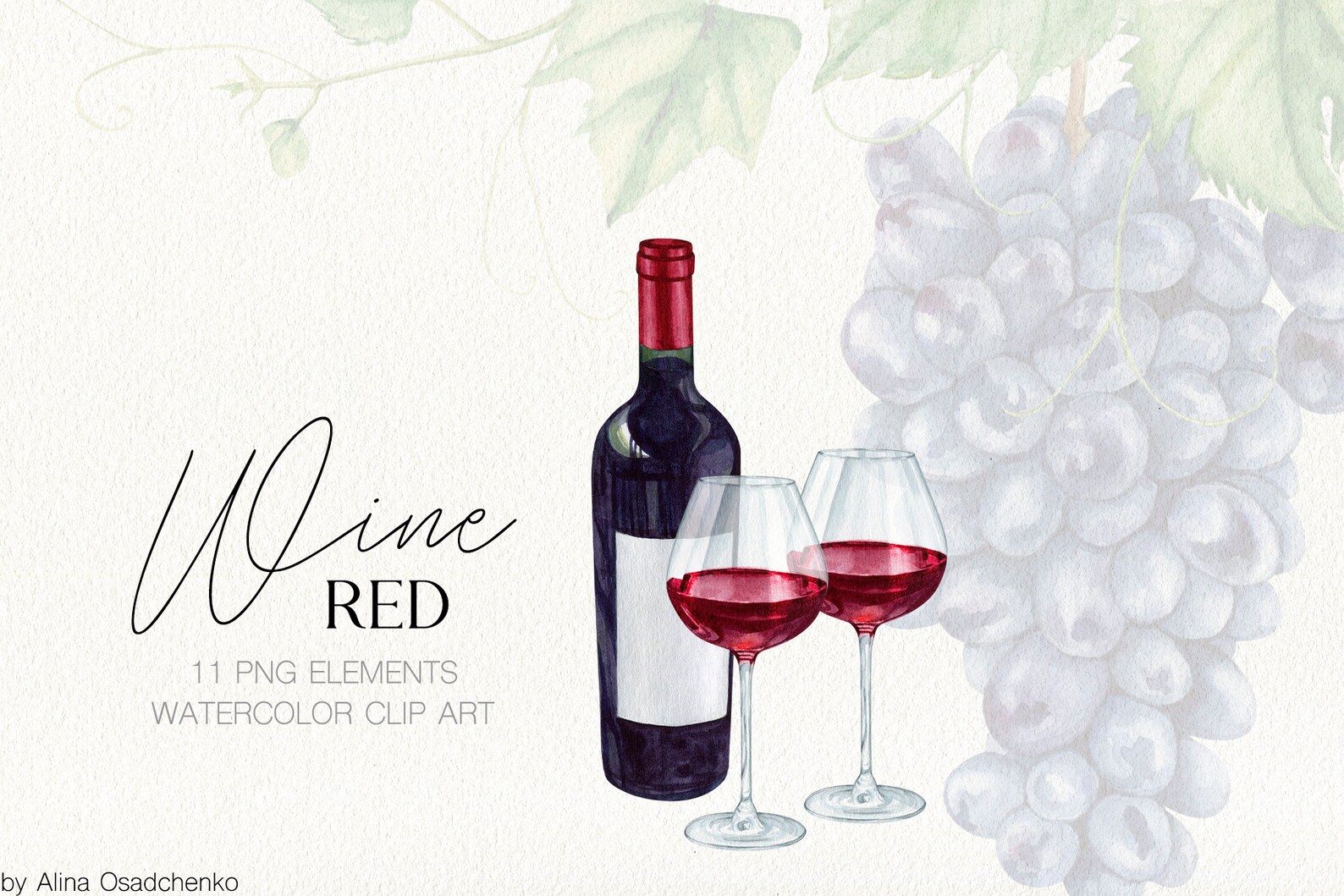 Watercolor Red Wine Clipart Romantic Glass of Red Wine and Red Grapes ...