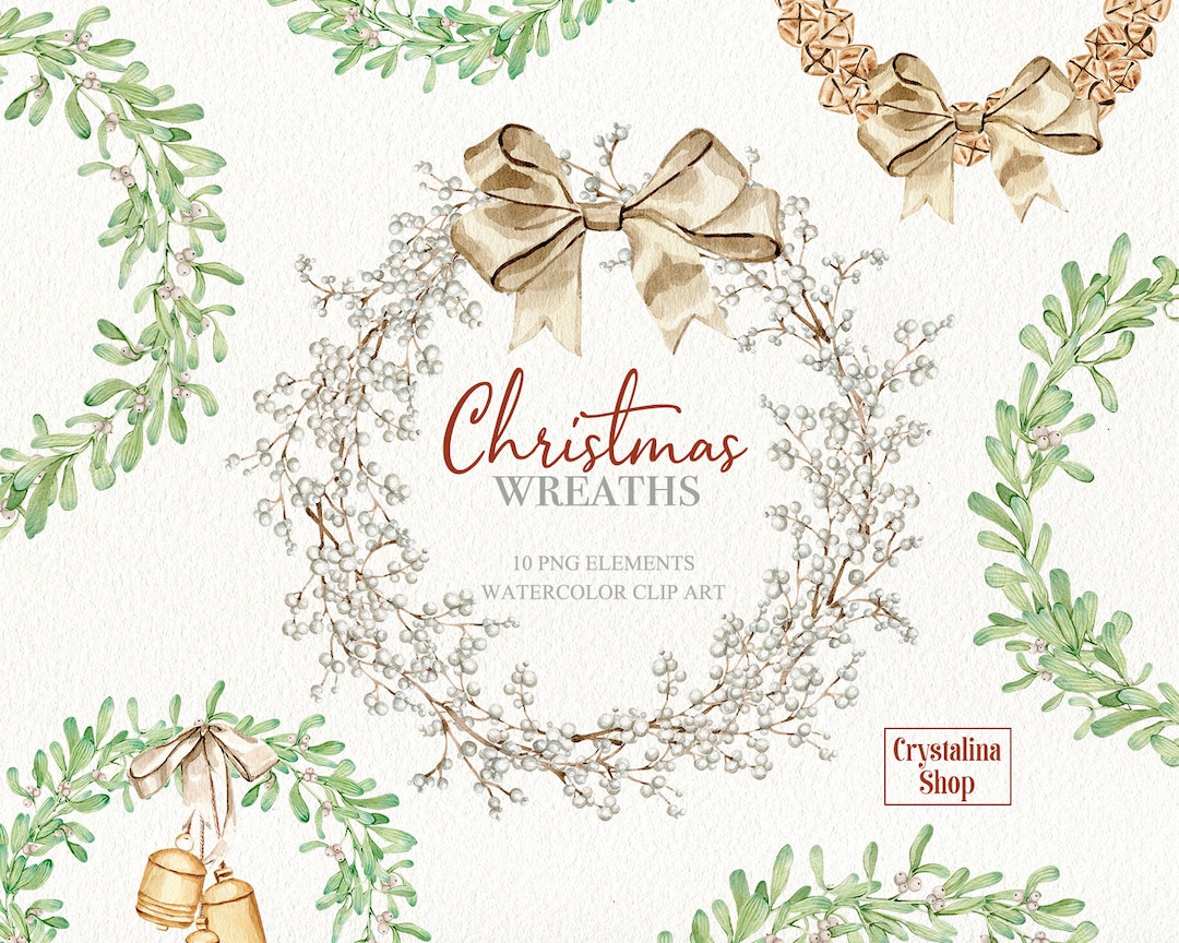 Watercolor Christmas Wreaths Clipart Gold Silver Holly Christmas ...