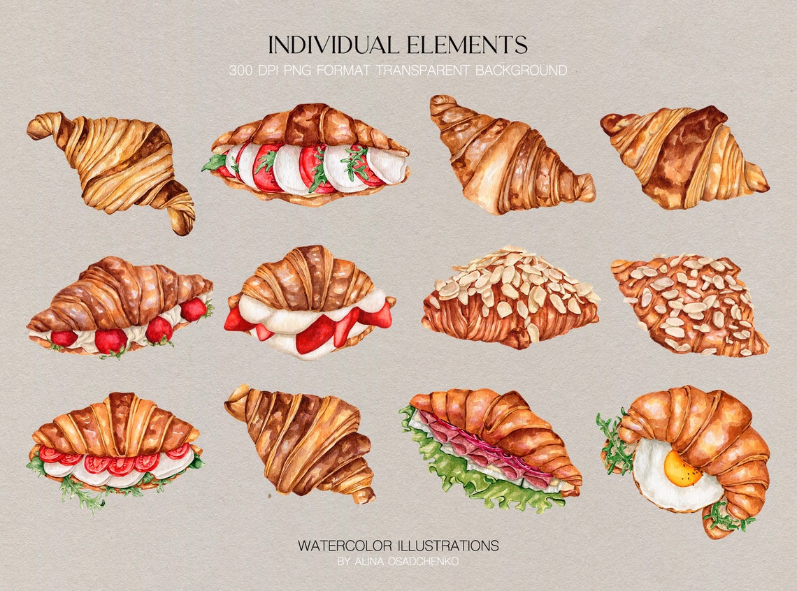 Watercolor Breakfast Croissants Clipart Collection. Sweet Croissant ...