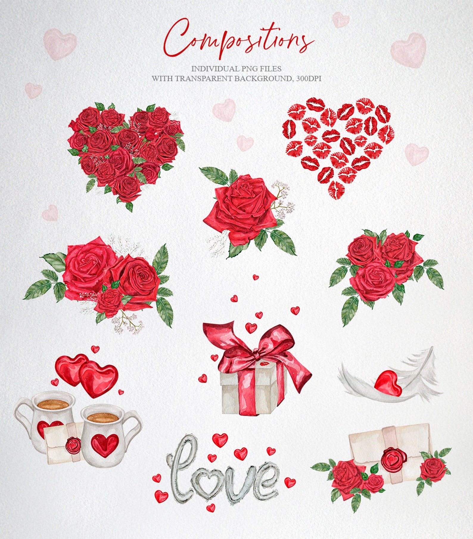 Watercolor Valentines Day Clipart. Hand painted watercolor | Etsy