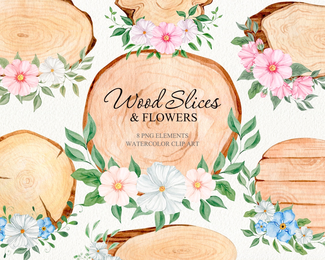 Watercolor Wood Slice Flower Clipart. Wooden Boards With Floral ...