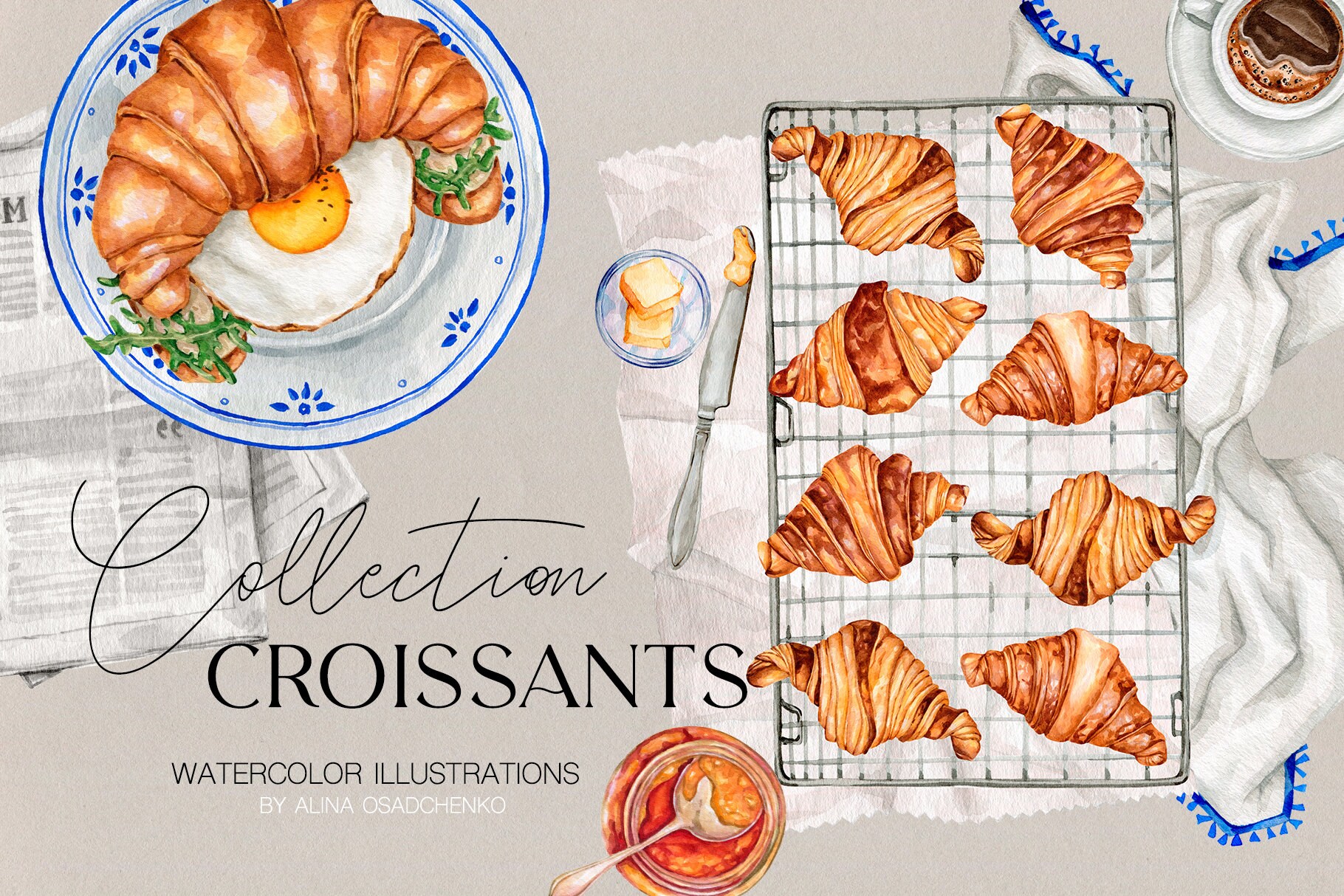 Watercolor Breakfast Croissants Clipart Collection. Sweet - Etsy