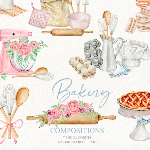 Watercolor Bakery Clipart. Watercolor Hand Drawn Baking - Etsy