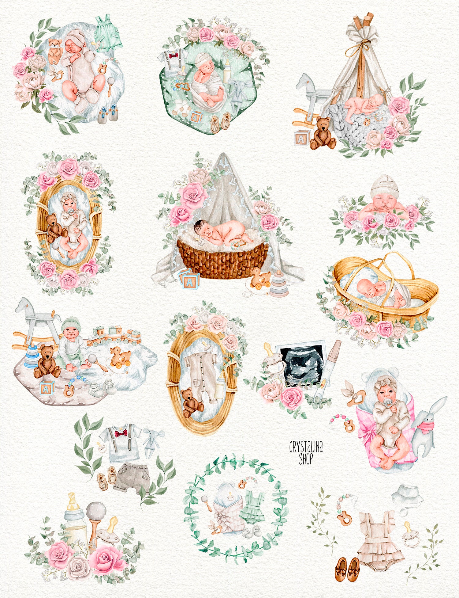 Watercolor Newborn Baby Compositions Clipart. Baby Shower - Etsy