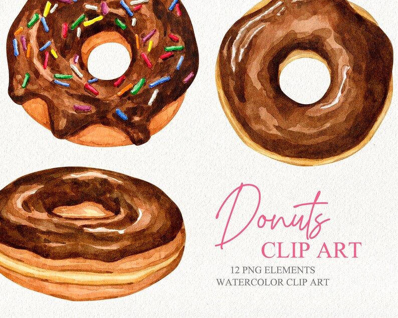 Watercolor Donuts Clipart. Sprinkle Pink and Chocolate Donut - Etsy