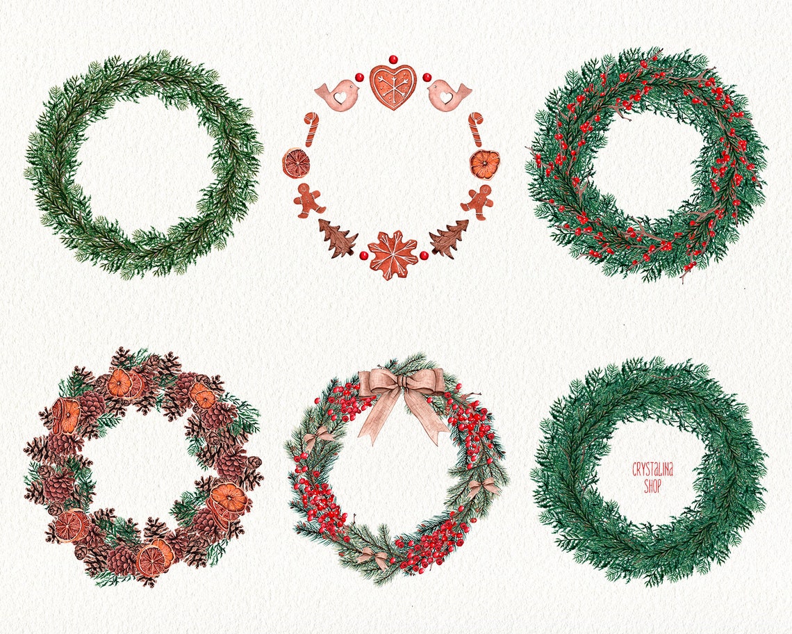 Watercolor Christmas Wreaths Clipart Illustrations Christmas - Etsy