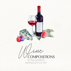 Watercolor Wine & Cheese Compositions Clipart Red White Wine Grapes ...