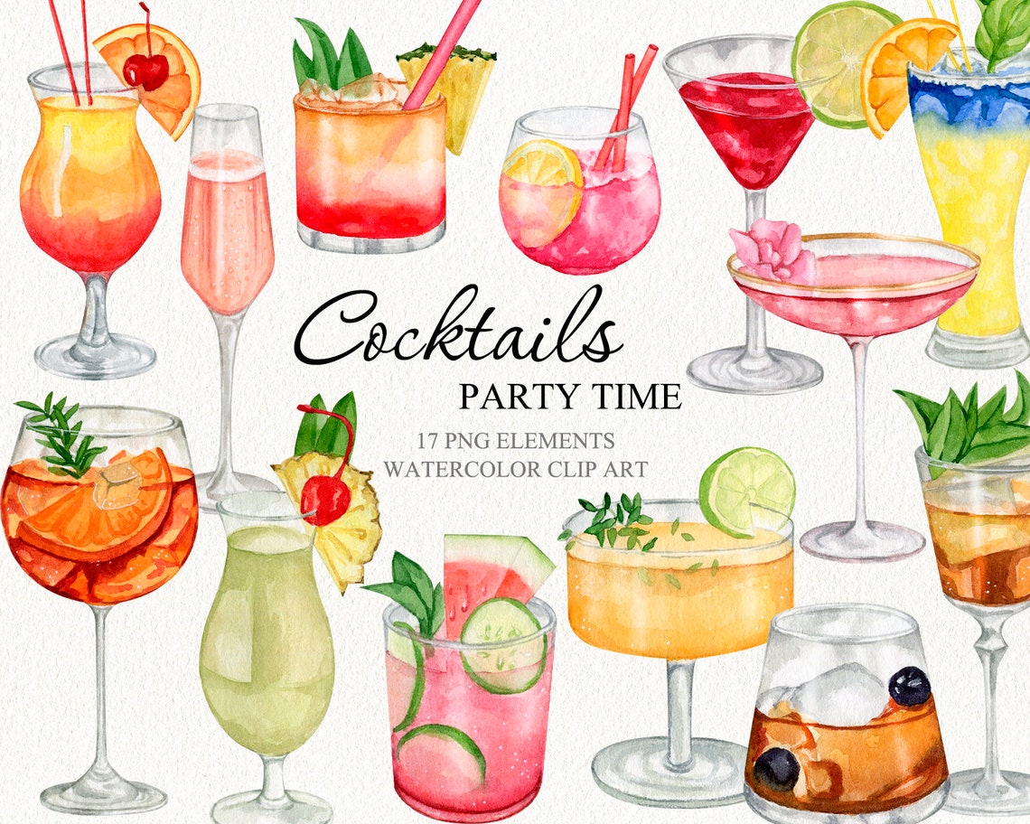 Watercolor cocktails clipart Alcoholic drinks png Summer party | Etsy