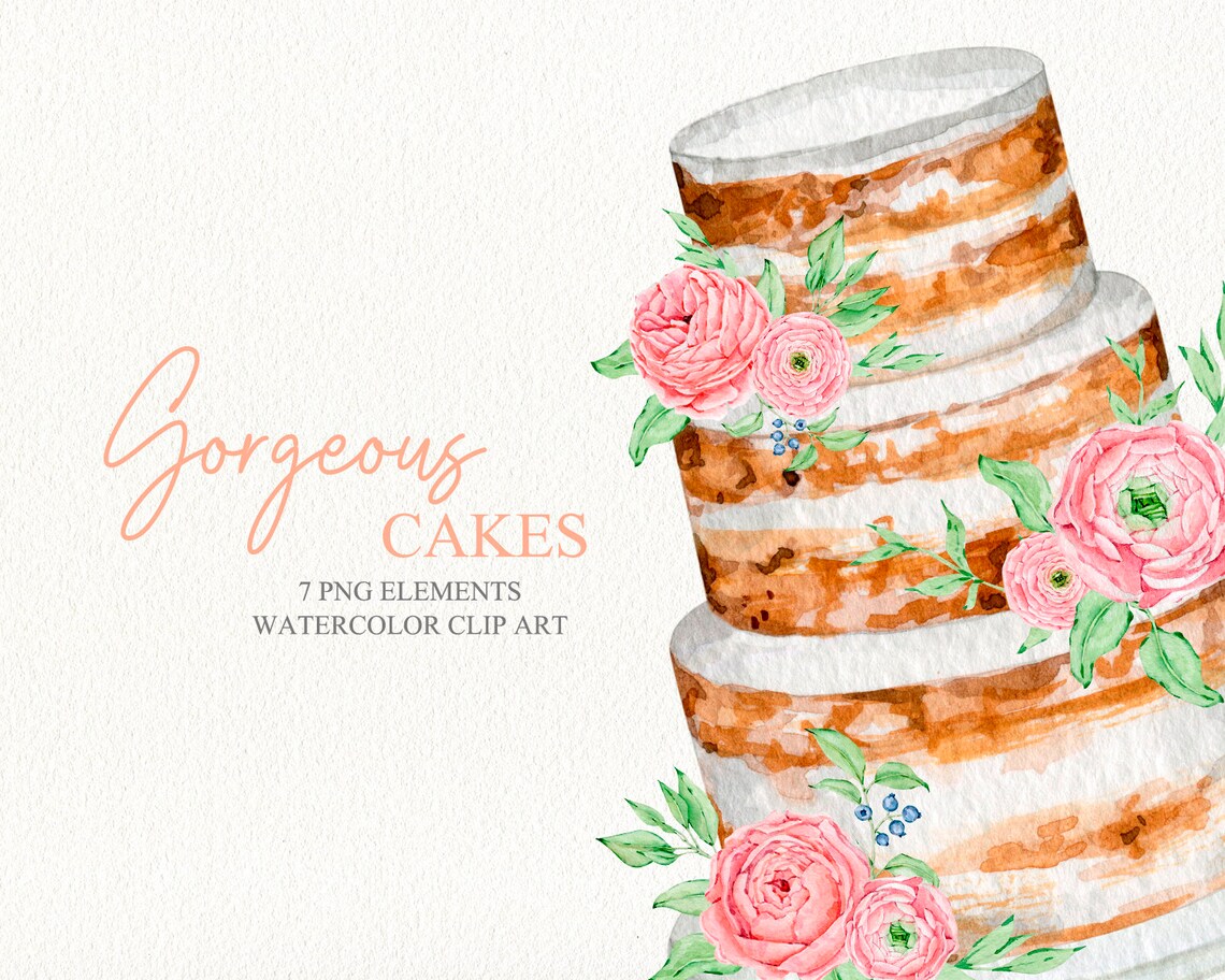 Watercolor Wedding Cake Clipart Birthday Cake Party Digital | Etsy