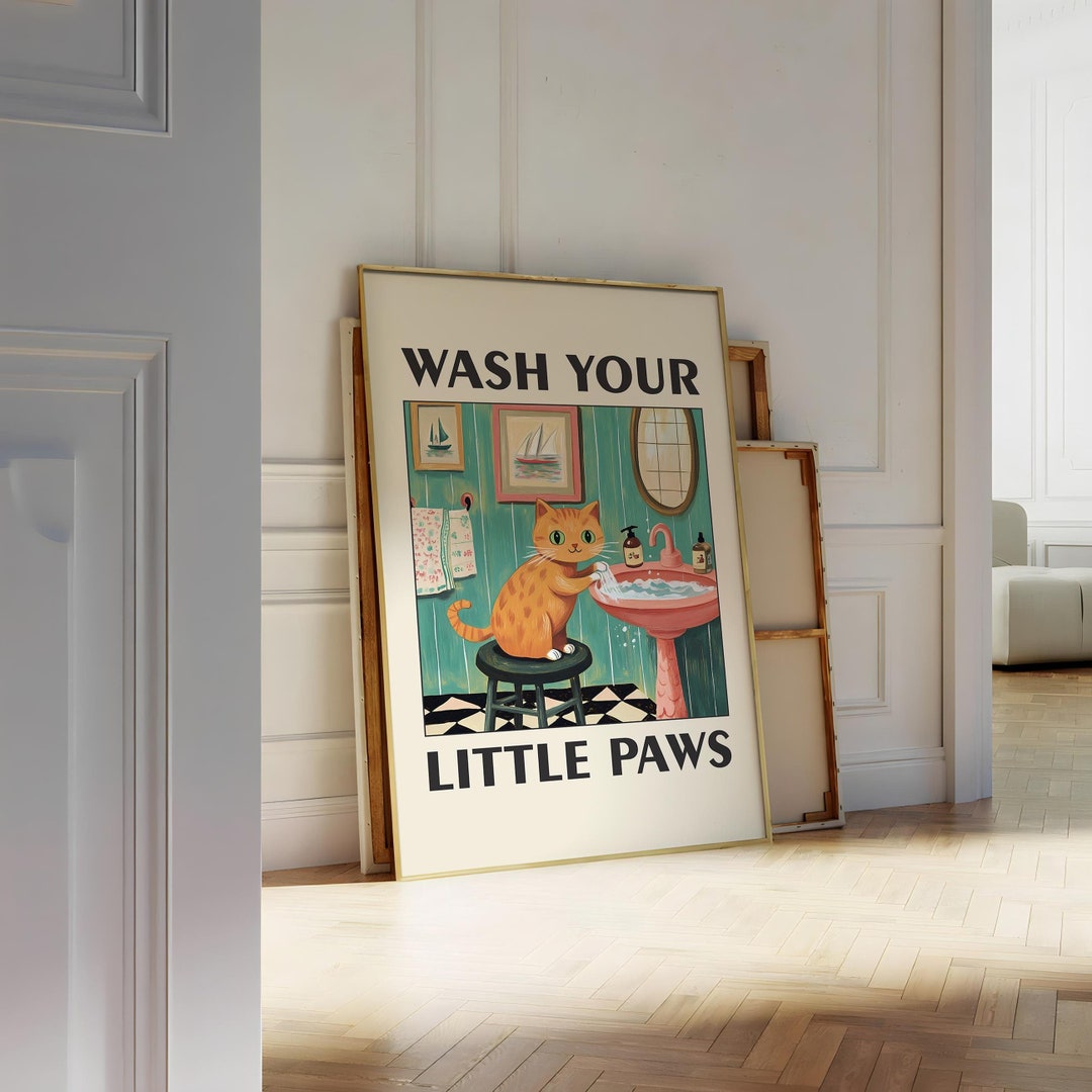 Wash Your Paws Cat Poster, Funny Bathroom Print, Orange Cat Wall Art ...