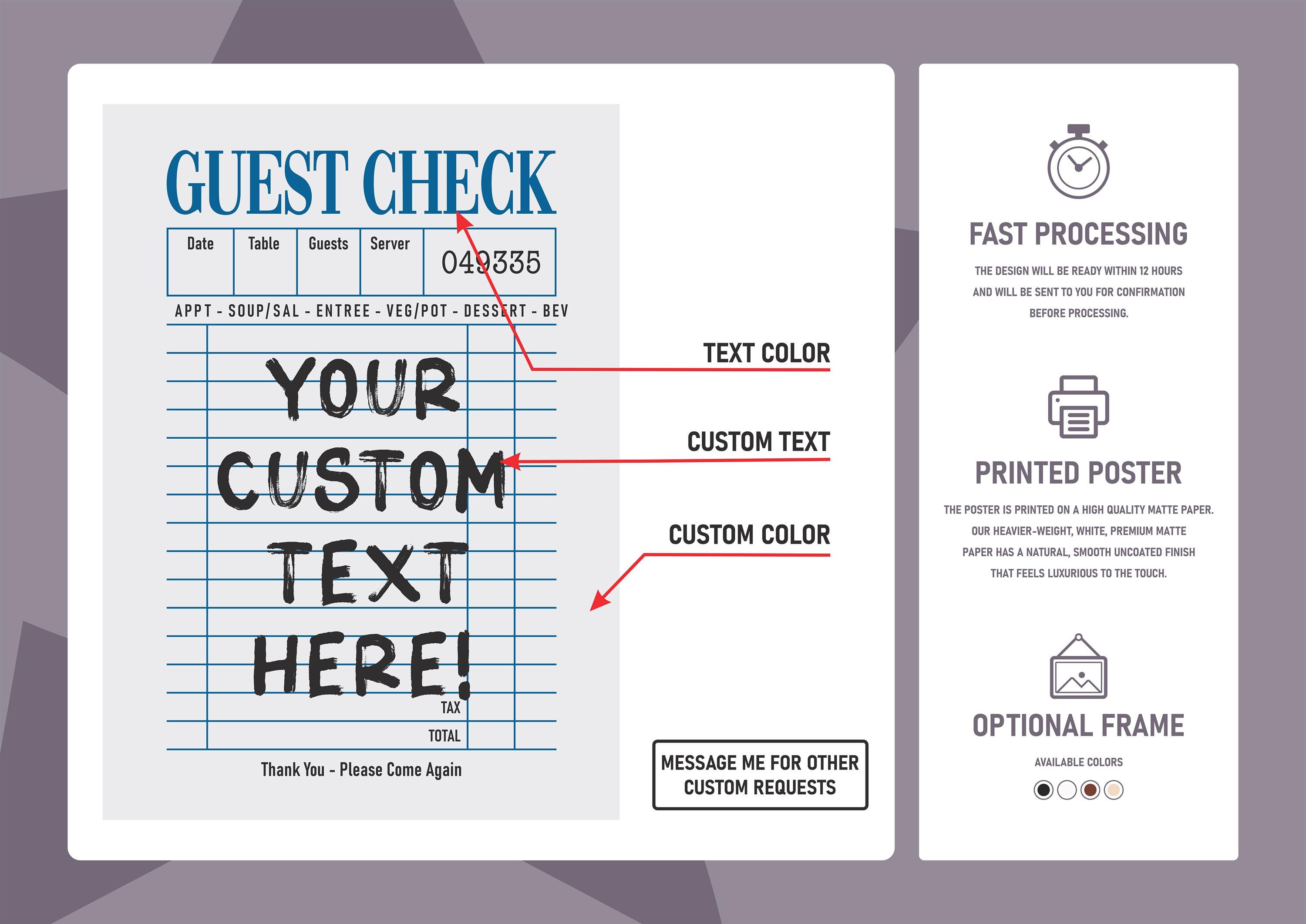 Custom Guest Check Poster, Personalized Typographic Wall Art, Retro ...